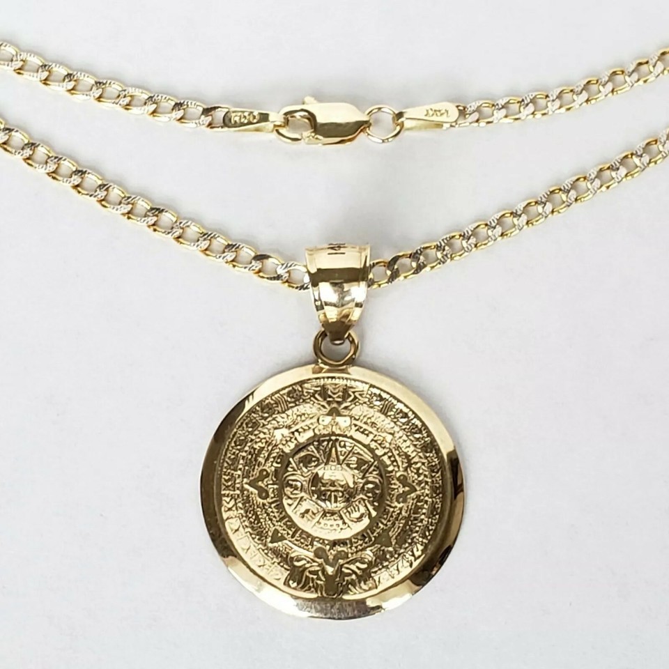 Solid 14k Yellow Gold Aztec Medallion Calendar Pendant 20 Inch cuban ...