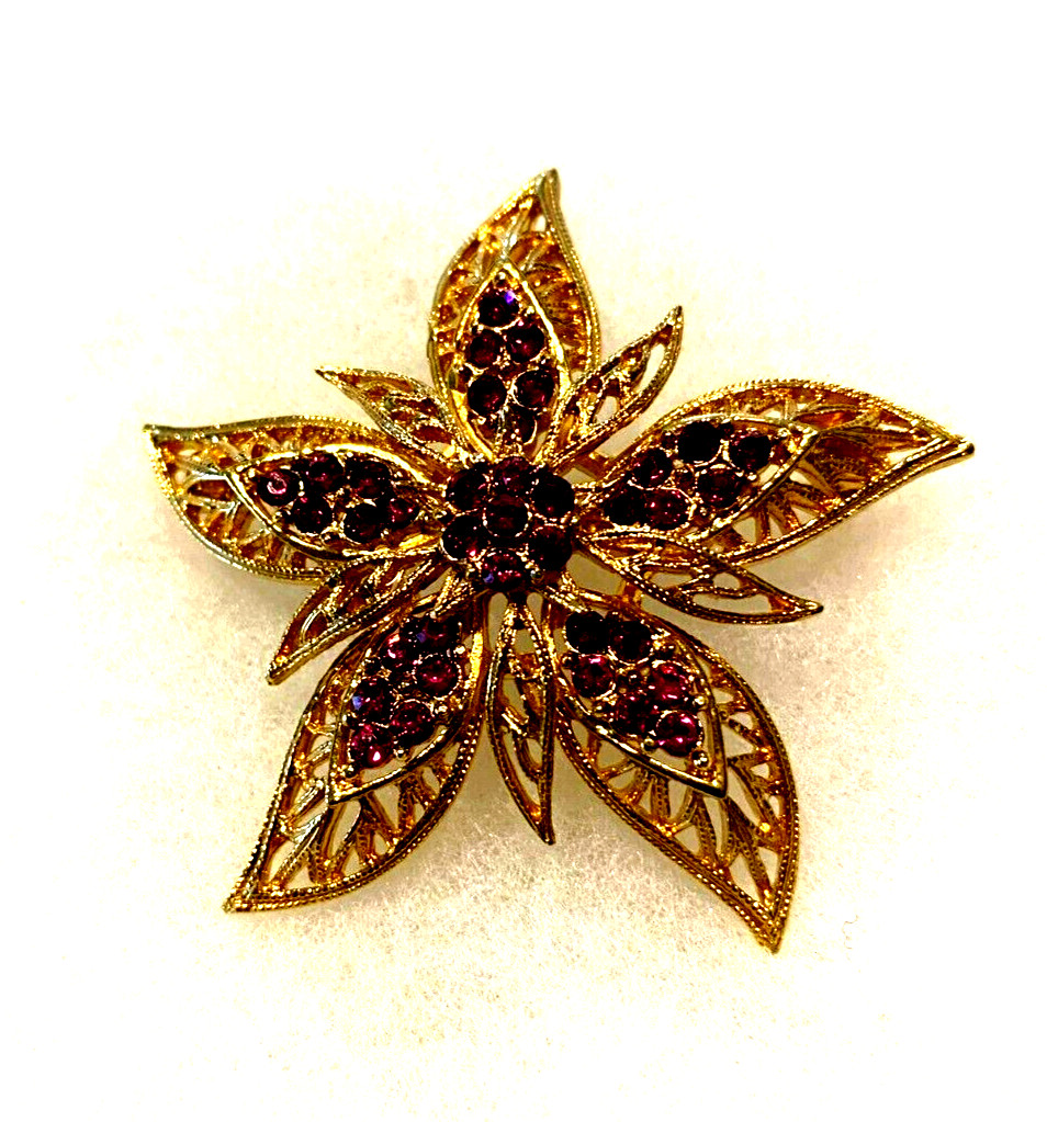 Corocraft Vintage Flower Pin with Dark Red Rhinestone… - Gem