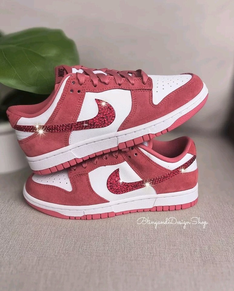 Bling Nikes Dunk Low Valentines Day 2024 Pink Sneakers custom with Red ...