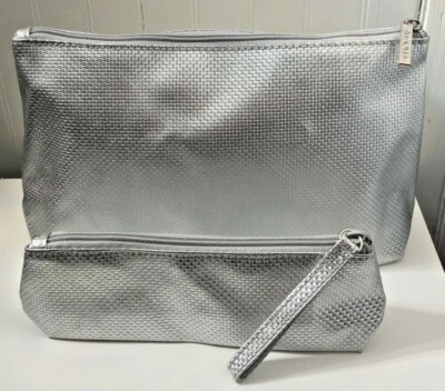 CLINIQUE 2 Pcs SILVER Cosmetic Travel Makeup Bag + Small Bag | eBay