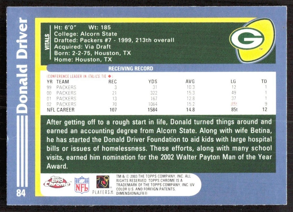 2003 5832B Topps Chrome Donald Driver Green Bay Packers #84 | eBay