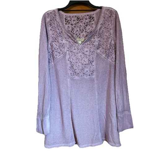 One World Women’s Purple Lacy Tunic Top V Neck Long Sleeve Size XL Soft ...
