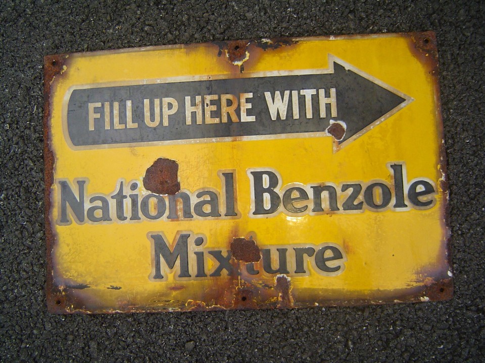 VINTAGE 1930's NATIONAL BENZOLE MIXTURE Petrol Enamel Sign 18" x 12 ...