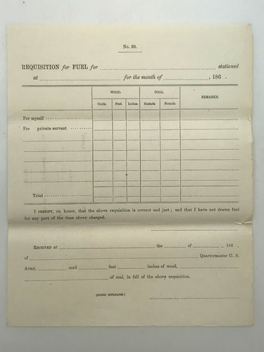 Rare Civil War Era Document - Requisition for Fuel Form - No. 30 - 1860 ...