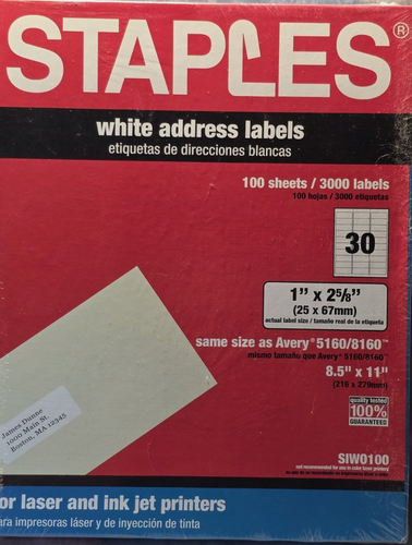 Staples White Address Labels 3000 Labels Same Size Avery 5160 8160 ...
