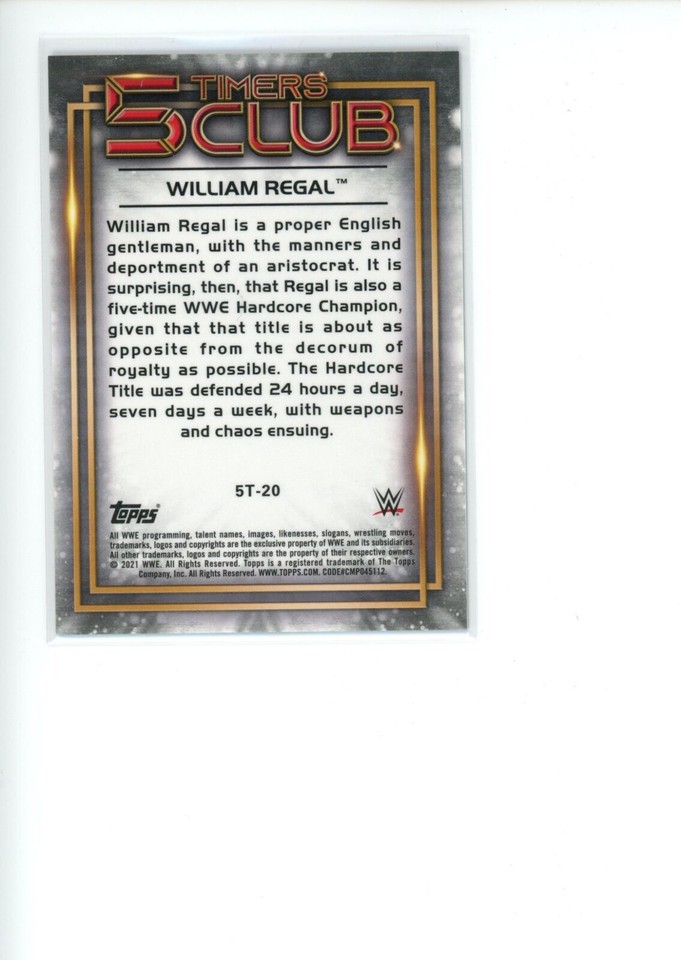 2021 Topps Chrome WWE William Regal #5T-20 5 Timers Club Green Parallel ...