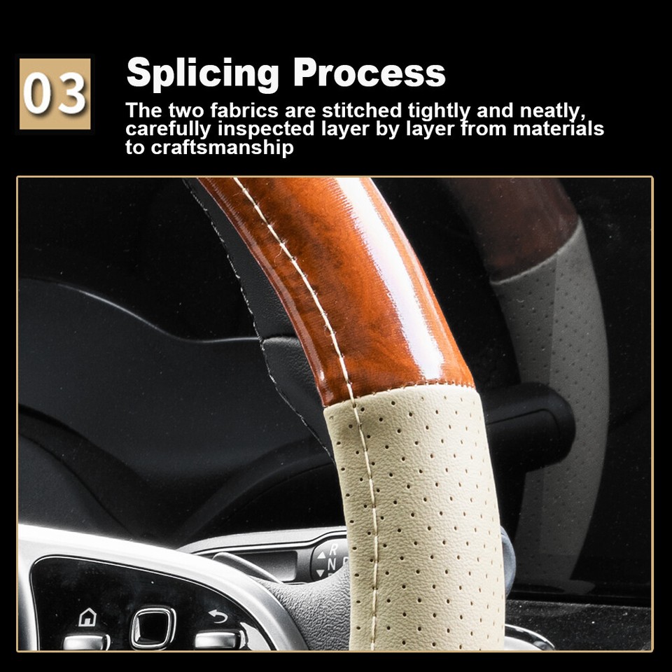 38cm 15'' Car Leather Steering Wood Grain Cover Beige Wheel Breathable ...
