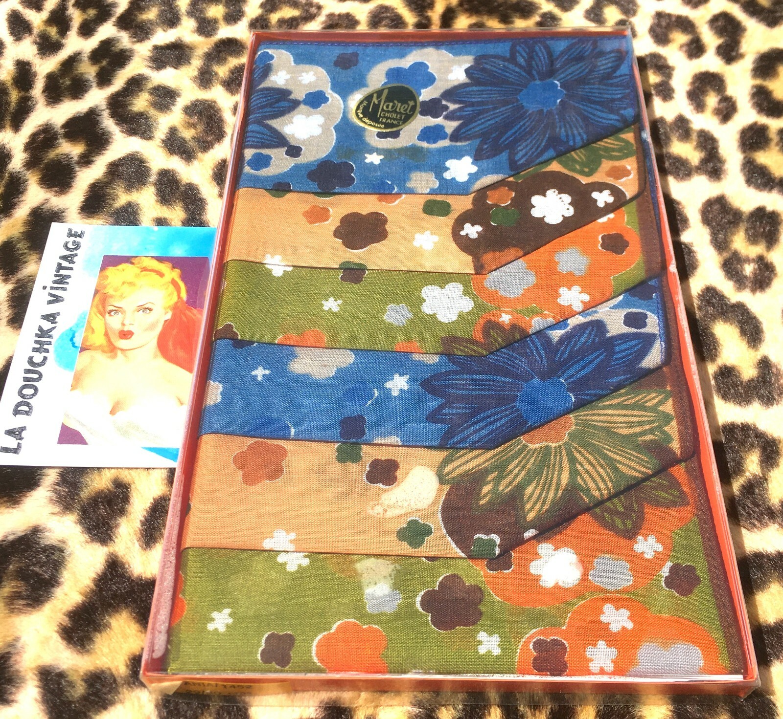 FRENCH 1960s HANDKERCHIEFS~ BOX OF 6 ~GROOVY FLORAL~ MADE IN CHOLET ...