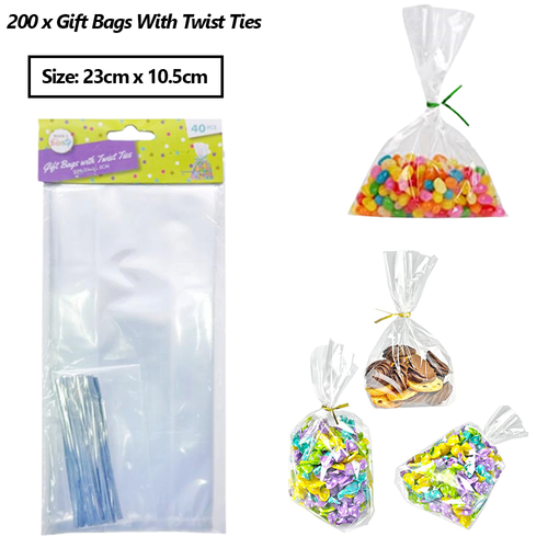 200pcs Clear Plastic Lolly Bags With Twist Ties Cookie Biscuit Bakery ...