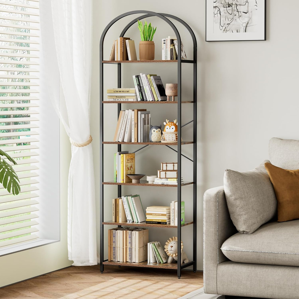 6-Tier Bookshelf Arched Display Racks, Wood and Metal Bookcase, Tall ...