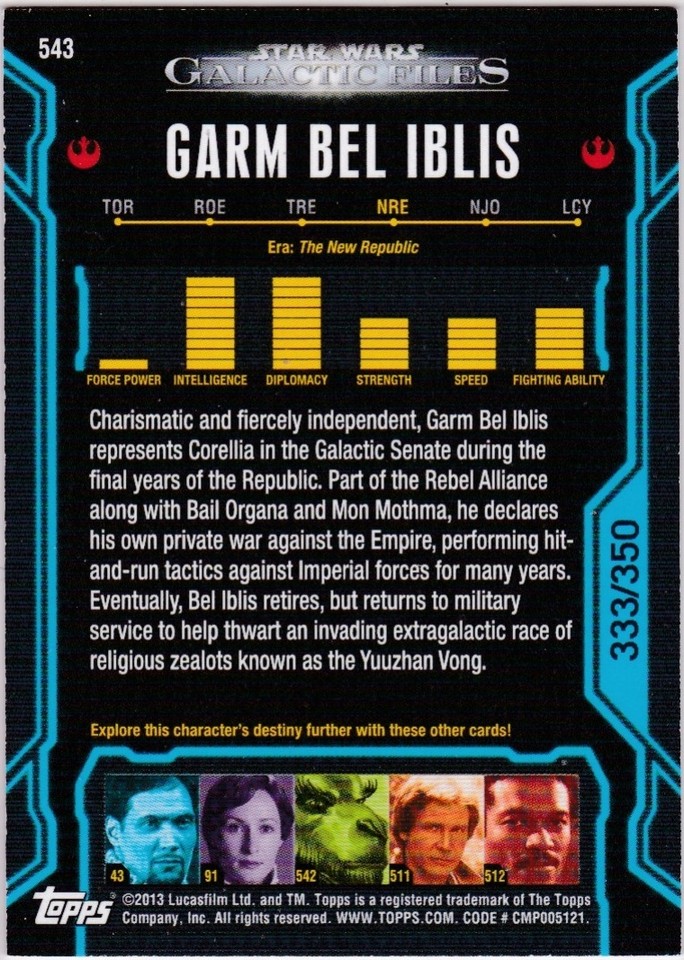 STAR WARS GALACTIC FILES SERIES 2 BLUE PARALLEL #543 GARM BEL IBLIS 333 ...