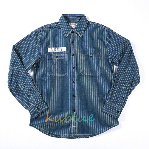 Men's Vintage ARMY Railroad Striped Denim Long sleeve Shirts Casual ...