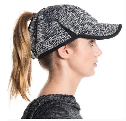 NWOT Women's Ponytail Running Hat Gray Black Heathered Adjustable Soft ...