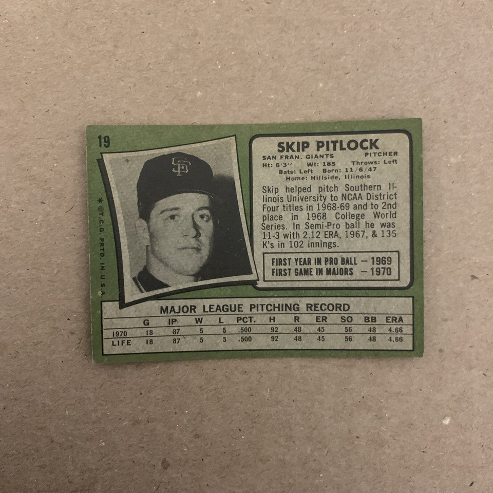 1971 Topps Skip Pitlock # 19 San Francisco Giants Baseball Card SF | eBay