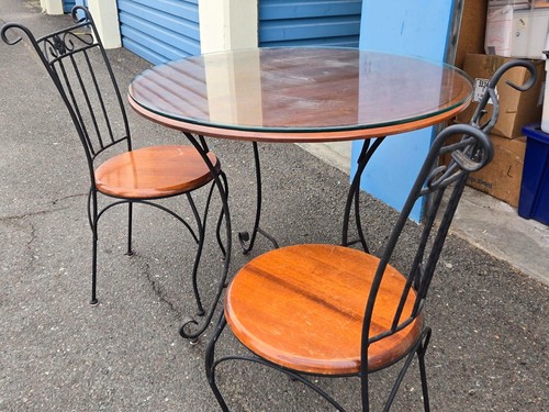 3 pc Wood round Cafe Table with glass top & wrought iron chair set ...