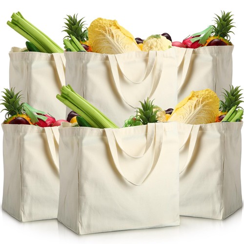 6 Pcs Reusable Canvas Grocery Shopping Bag with Real Pockets XL Tote ...
