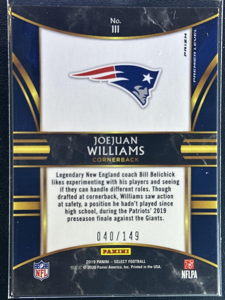 2019 Panini Select #111 Joejuan Williams Blue Checkers Prizm /149 SN RC ...