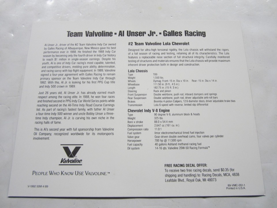 Indy/PPG Original 89 Al Unser Jr/Galles Valvoline Lola Racing Car Track ...