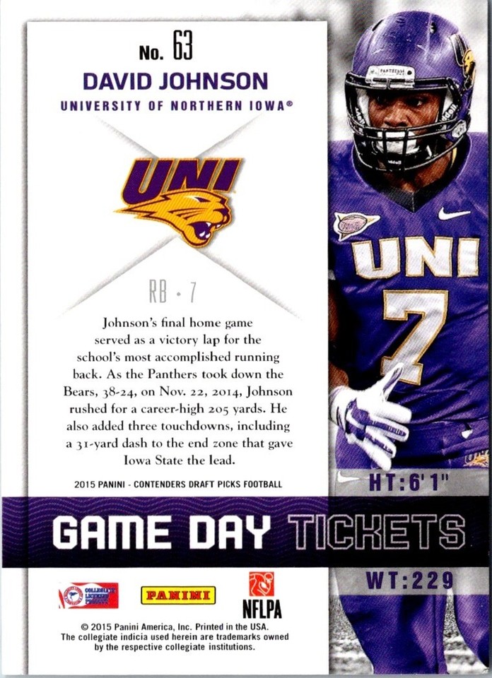 2015 Panini Contenders Draft Picks Game Day Tickets David Johnson ...