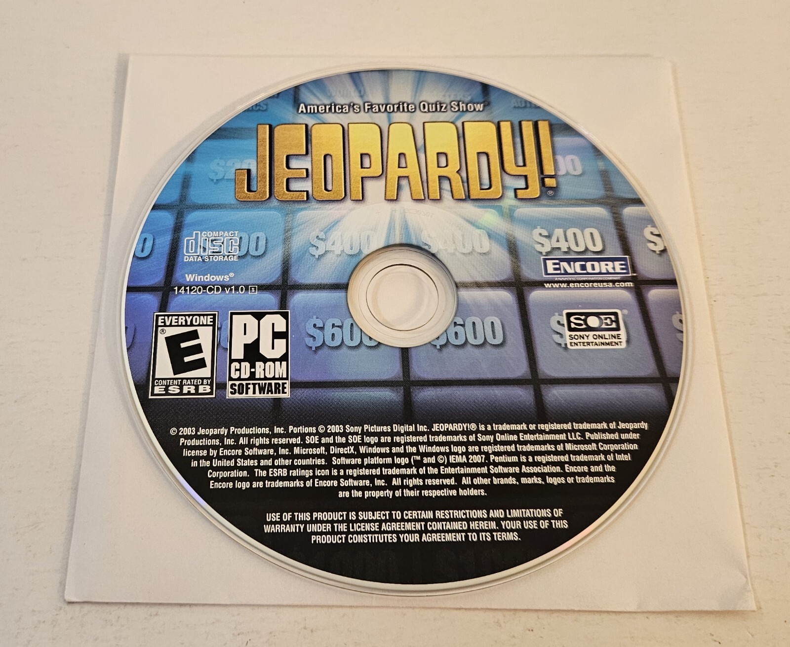 Jeopardy PC CD-Rom 2003 Windows 2000 / XP / Vista Encore Trivia Game ...
