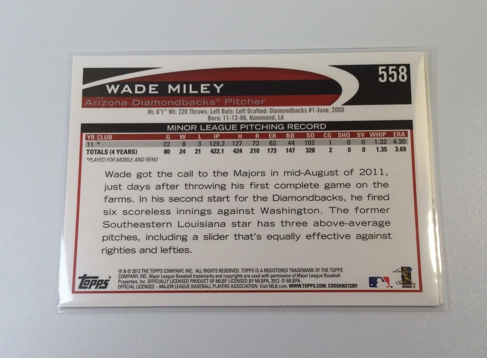 WADE MILEY 2012 Topps RC #558 Rookie Card Logo Flagship DBacks Reds No ...