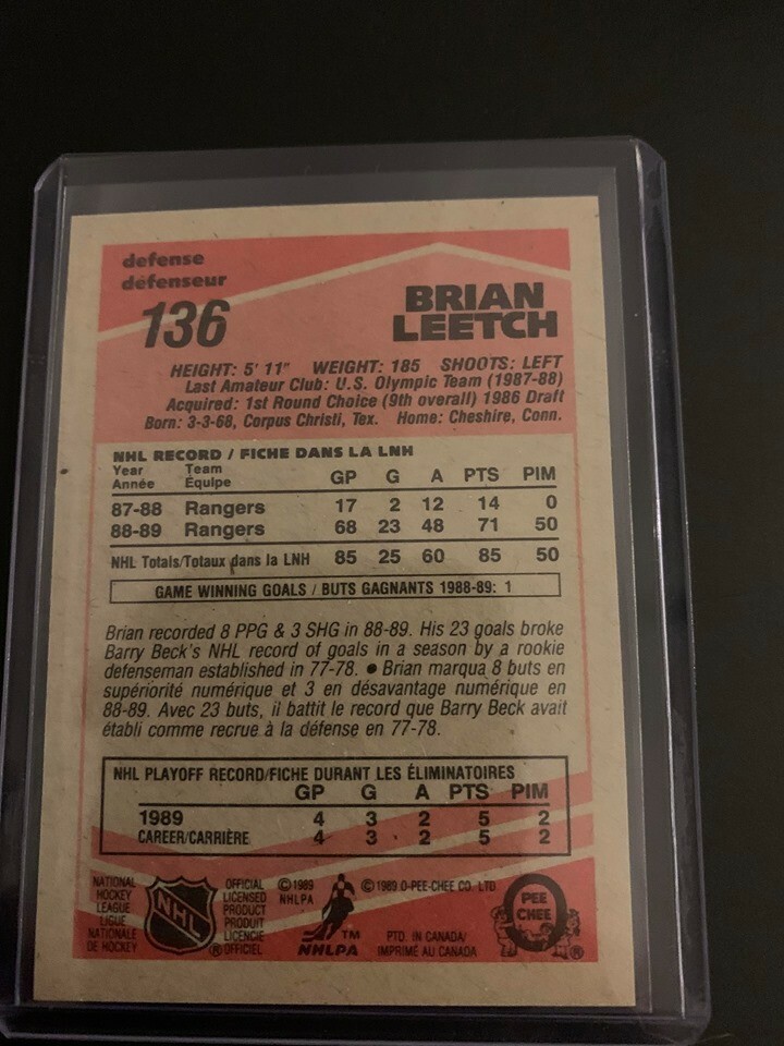 1989 Brian Leetch OPC New York Rangers Rookie Card RC | eBay