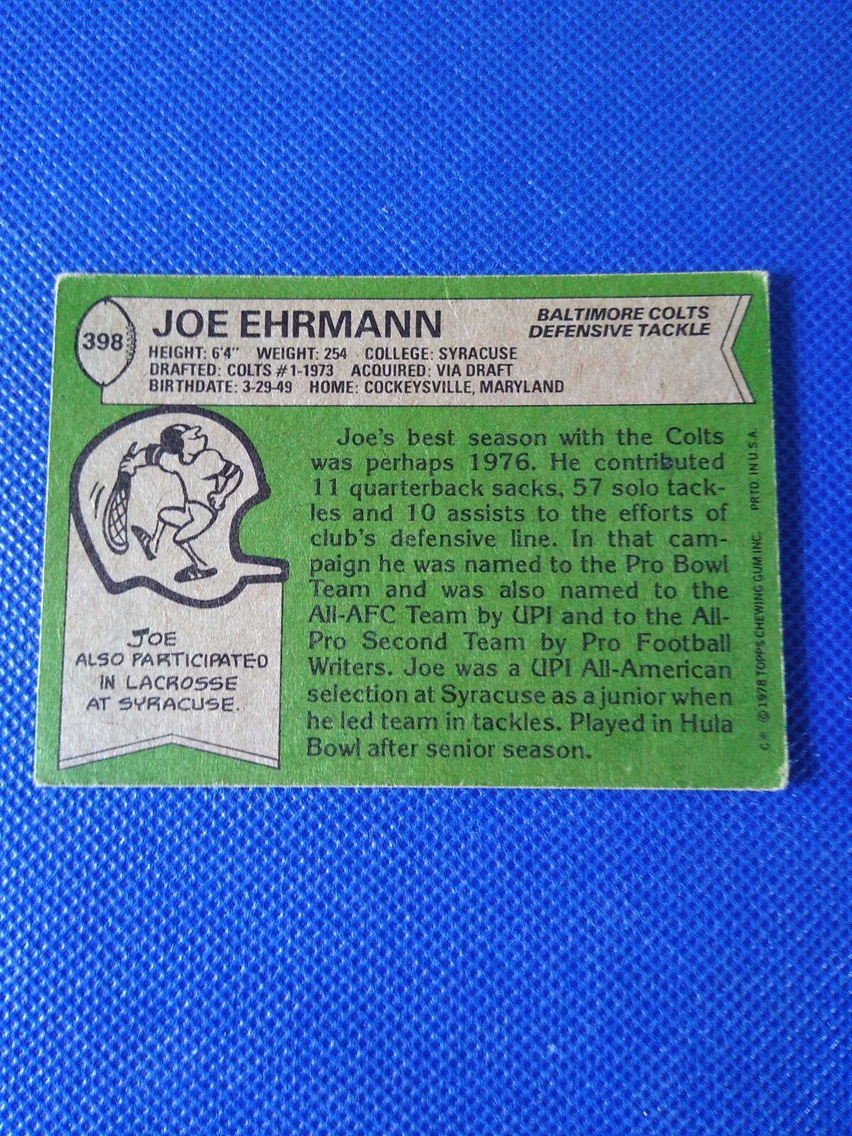 1978 Topps Football #398 - Joe Ehrmann - Baltimore Colts | eBay