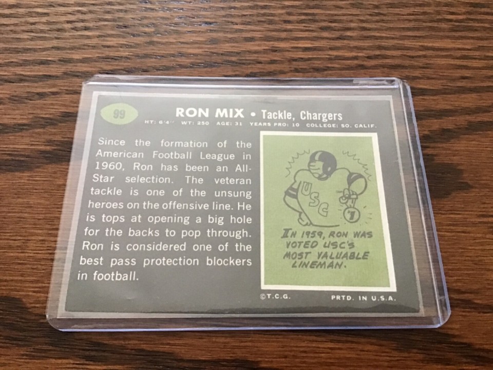 1969 Topps Football Ron Mix San Diego Chargers Card #99 Great for ...