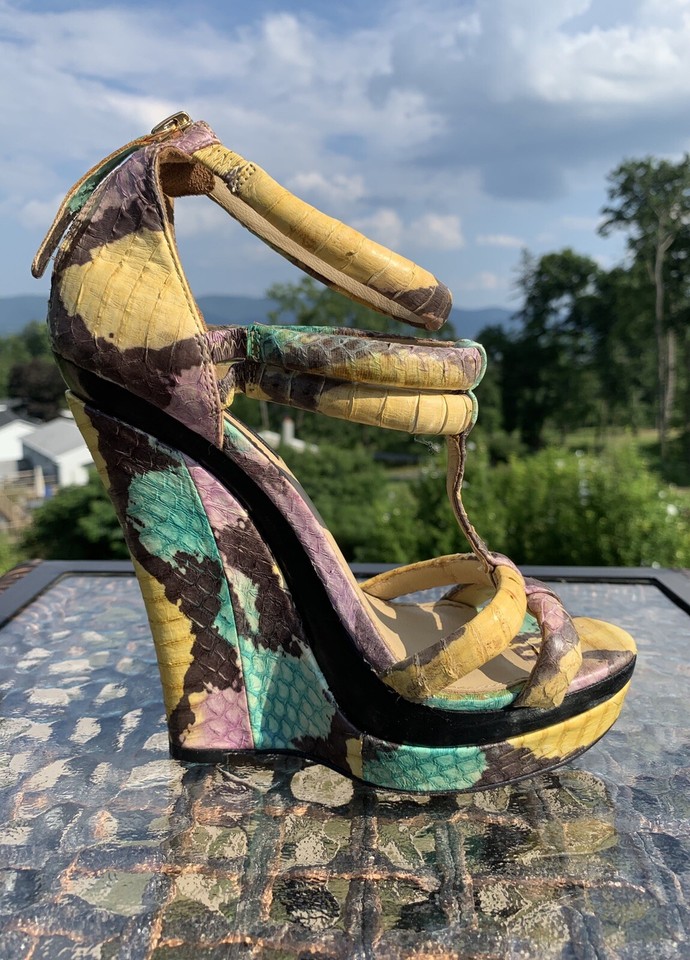 $395 Rachel Zoe Python Snake Skin Katia T Strap Rainbow Platform Wedges ...