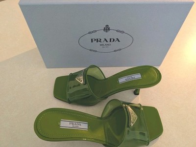 Prada Women's Triangle Logo Mule Heeled Sandals PVC with and Patent ...