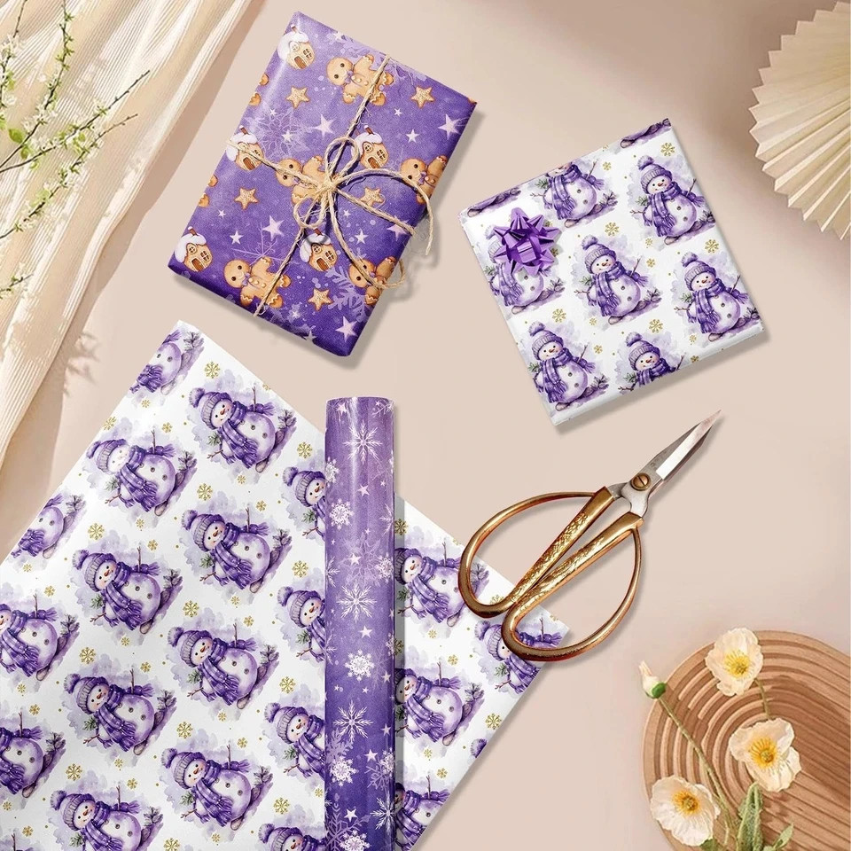 6Pcs Snowman Gingerbread Man Christmas Wrapping Paper Purple Xmas ...