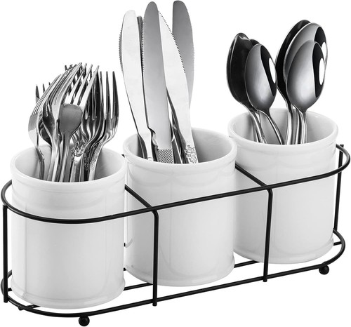 3-Piece Ceramic Silverware Caddy with Metal Rack, Utensil Holder ...
