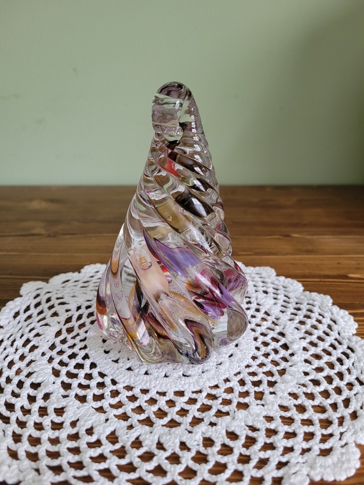 Art glass teardrop swirl twist paperweight signed purple gold burgundy ...