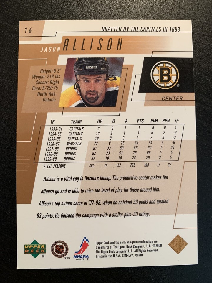 2000-01 Upper Deck Jason Allison Base #16 Boston Bruins Hockey Card | eBay
