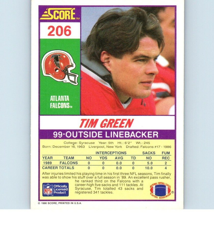 Tim Green 206 Falcons 1990 Score NFL Football Trading Card | eBay