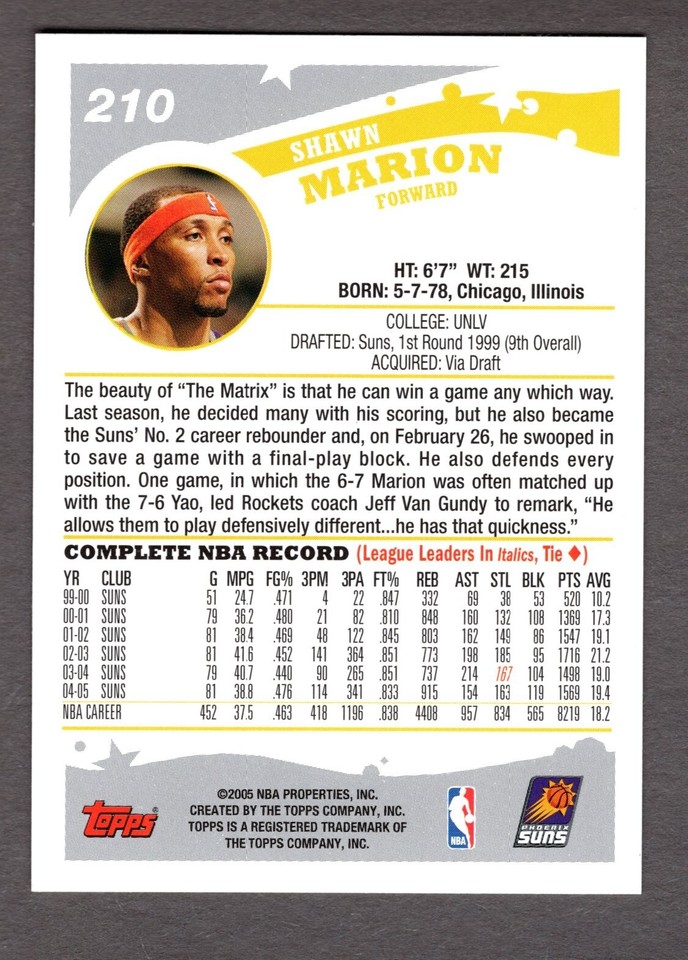 2005-06 TOPPS SHAWN MARION CARD #210 **NM-MT** PHOENIX SUNS | eBay