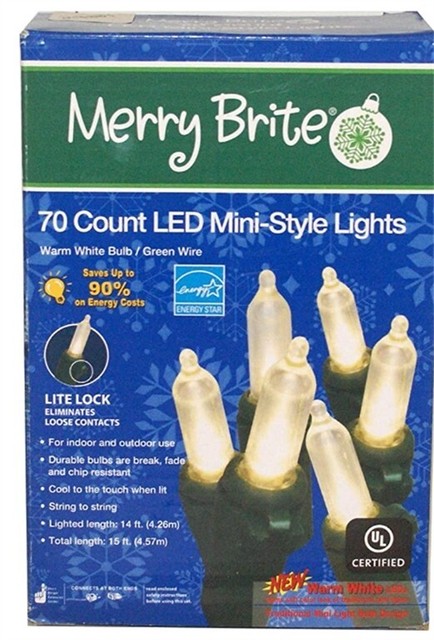 Merry Brite 70 Count LED Mini Style Christmas Lights Warm White Green ...