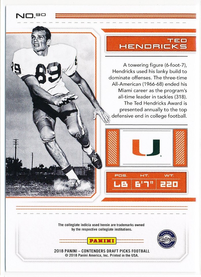 Ted Hendricks 2018 Panini Contenders Draft Picks Football #90 Miami ...