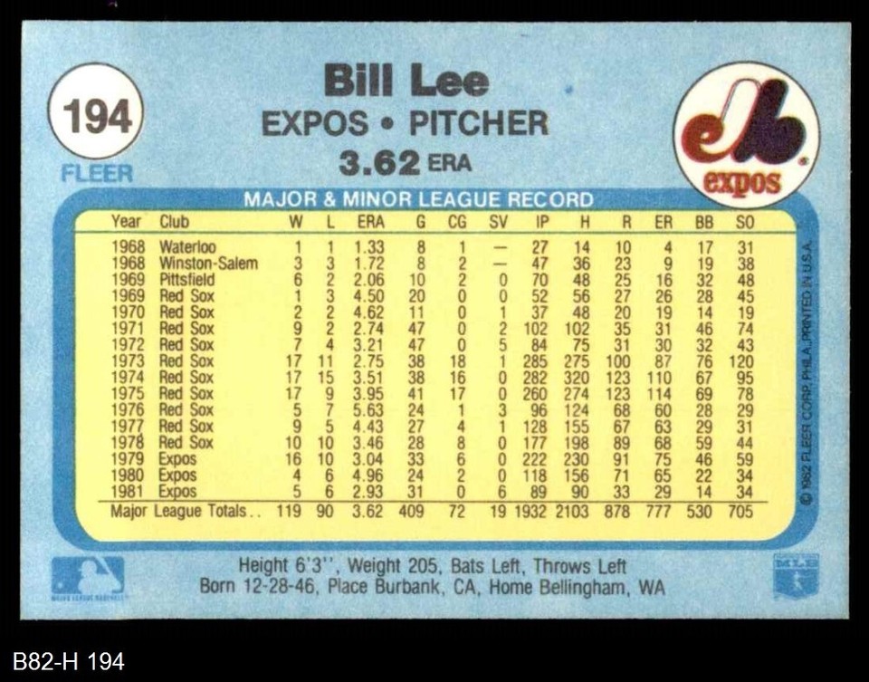 1982 Fleer #194 Bill Lee Expos 8 - NM/MT | eBay