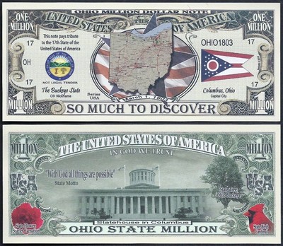 OHIO STATE MILLION DOLLAR BILL w MAP, SEAL, FLAG, CAPITOL - Lot of 2 ...