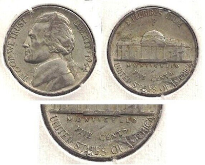 1944 "P" Silver Jefferson Nickel -- An AU Coin with a Reverse Planchet ...