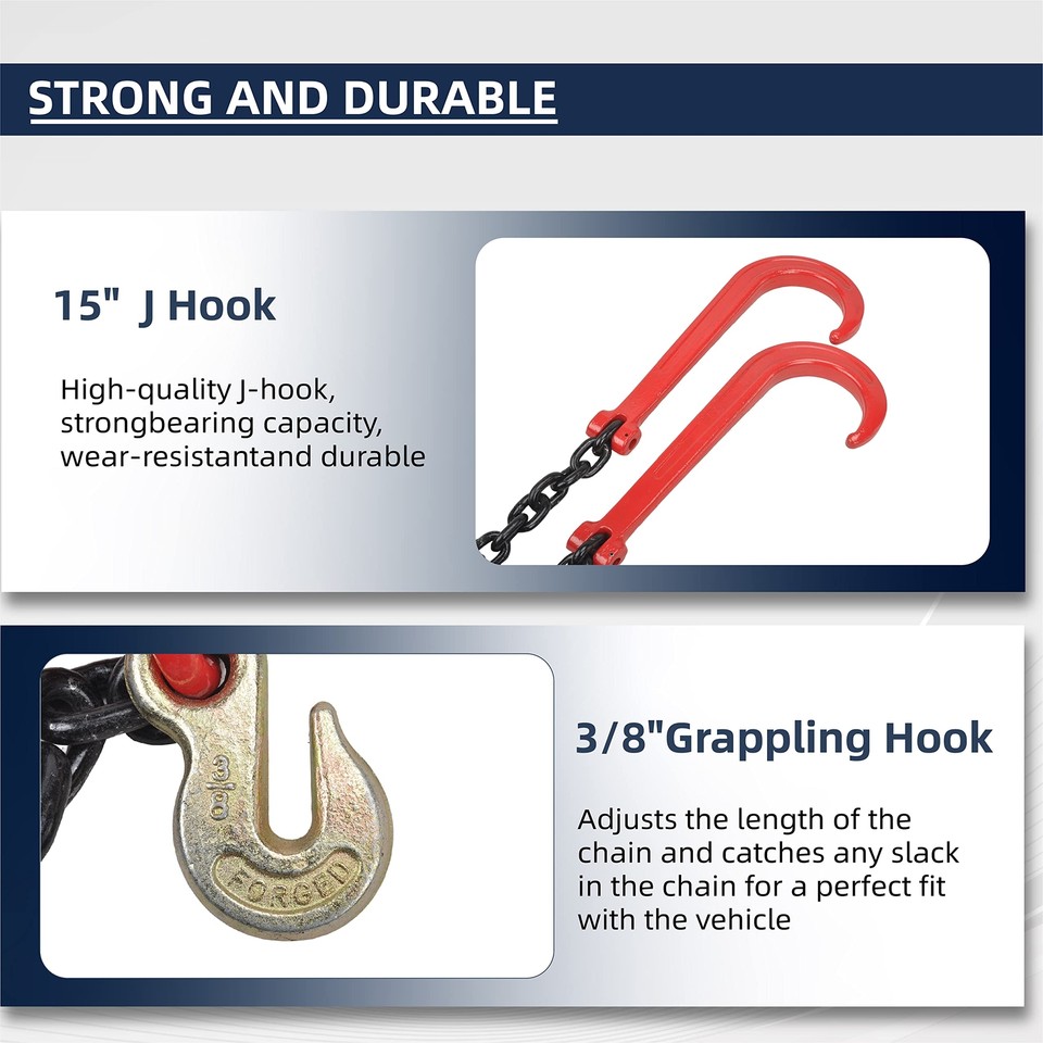 G80 3/8" x 3' V Bridle Tow Recovery Chain w/15" J-Hook & Grab Hook ...