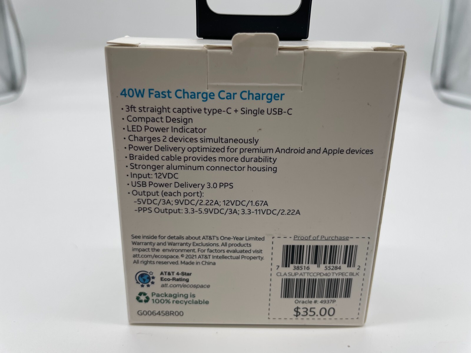 AT&T Captive Cable Power Delivery Car Charger 40W with USB-C Port (USB ...