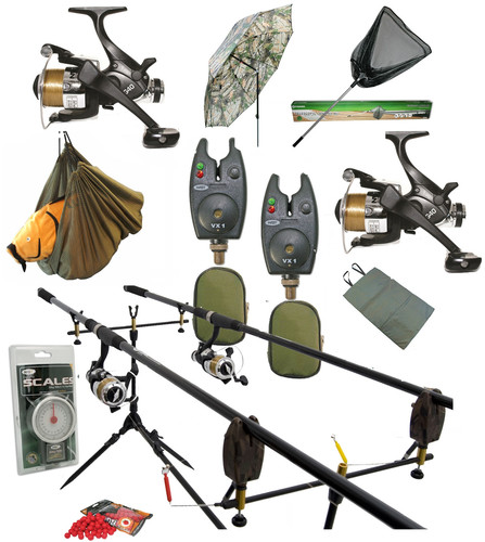 FULL CARP FISHING SET UP RODS REELS CAMO UMBRELLA POD NET ALARM MAT ...