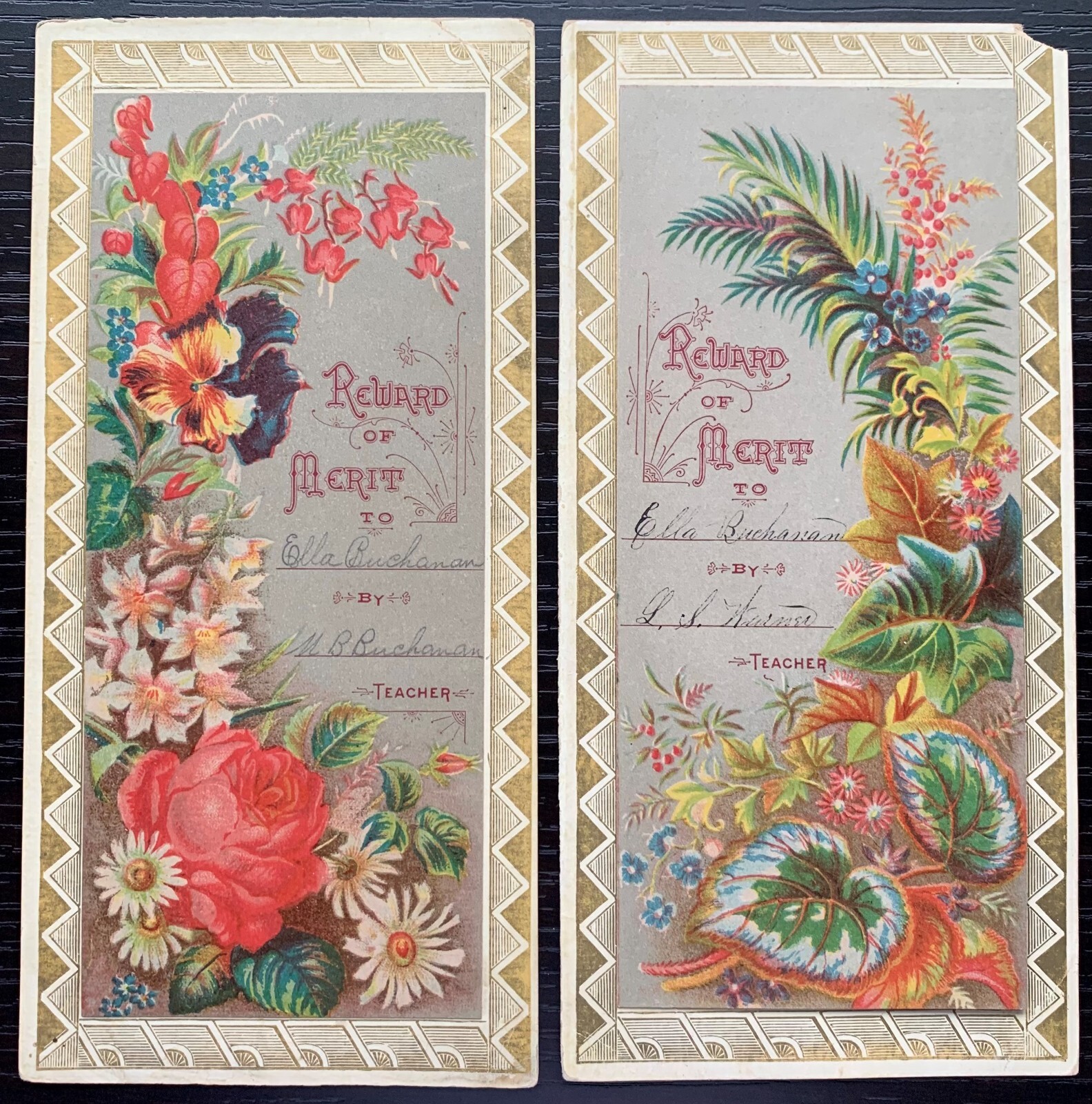 VINTAGE VICTORIAN REWARD OF MERIT CARDS TO STUDENT FROM TEACHER X2 VF ...