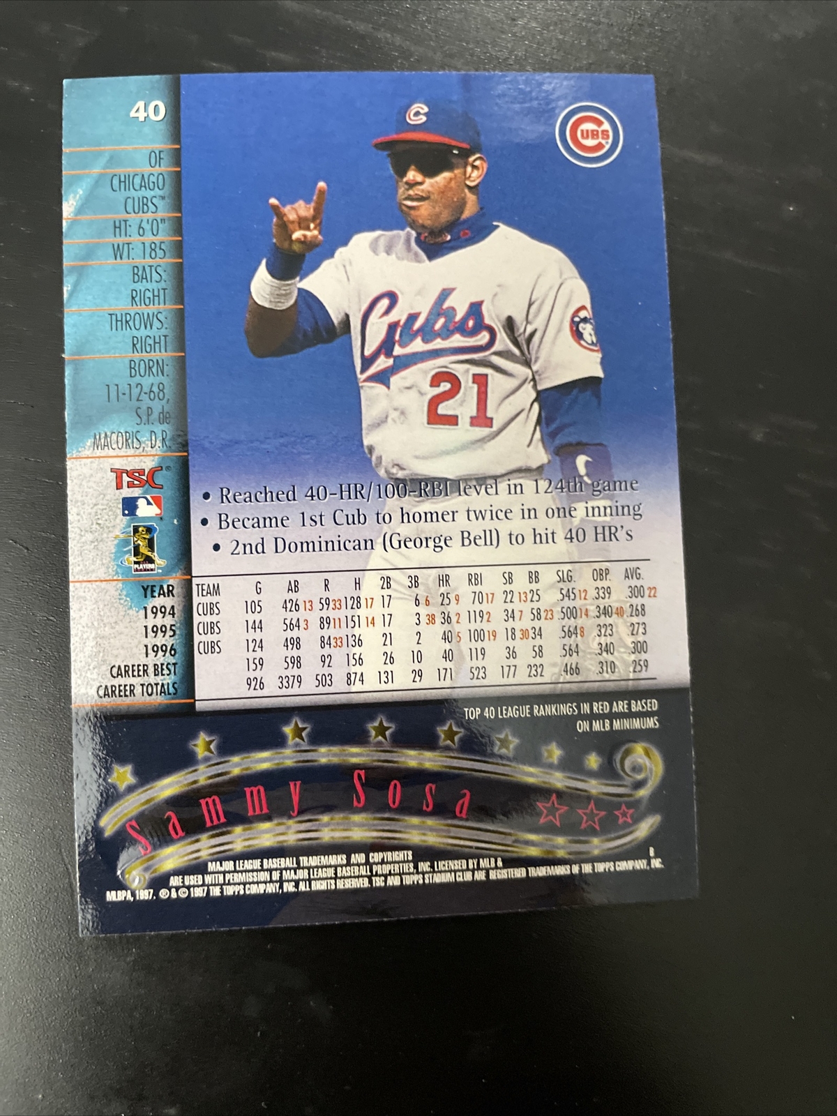 SAMMY SOSA 1997 Topps Stadium Club #40 Chicago Cubs Baseball MLB Card ...