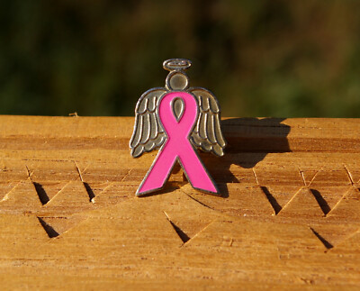 Pink Ribbon Angel Wings Halo 1" Silver Tone Metal & Enamel Lapel Pin ...