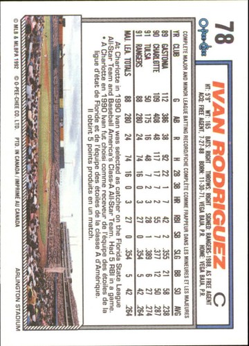 1992 O-Pee-Chee OPC Canadian #78 Ivan Rodriguez Texas Rangers - NM-MT ...