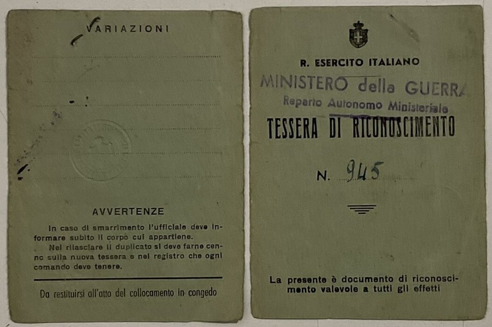 REGNO DEL SUD REGIO ESERCITO TESSERA REPARTO AUTONOMO MINISTERIALE 1945 ...