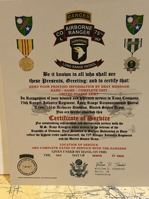 U.S. ARMY - 75TH RANGER / L CO LRRP 101 ABN DIV (VIETNAM) CERTIFICATE ...